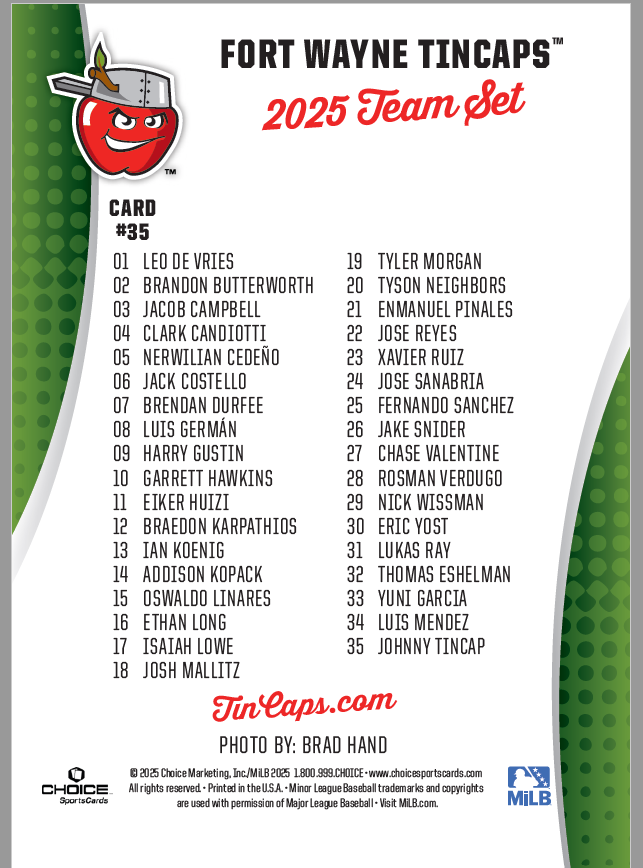 Fort Wayne TinCaps 2025 Team Card Set – Fort Wayne TinCaps Official Store
